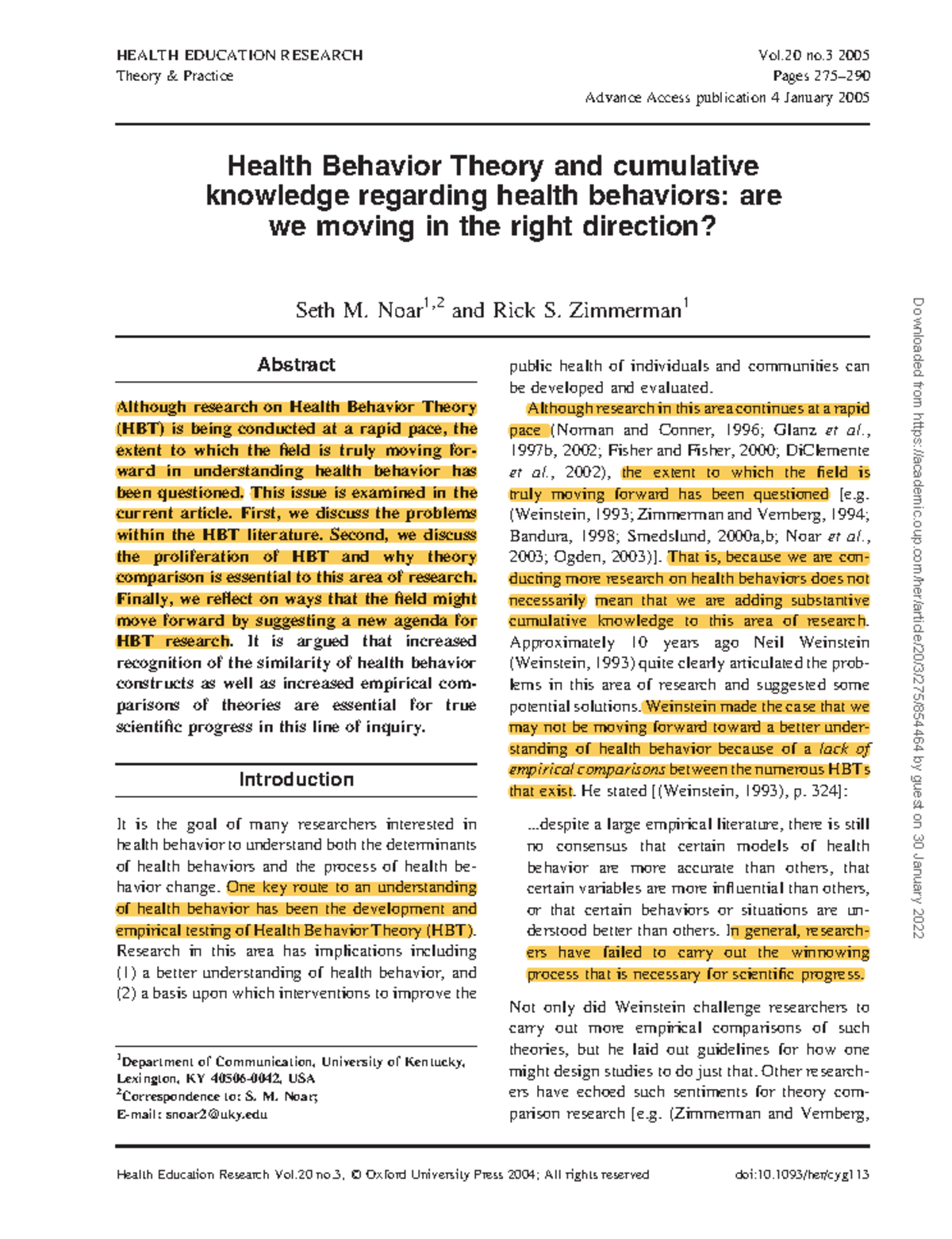 Noar Zimmerman (2005 ). Health behavior theory and cumulative knowledge ...