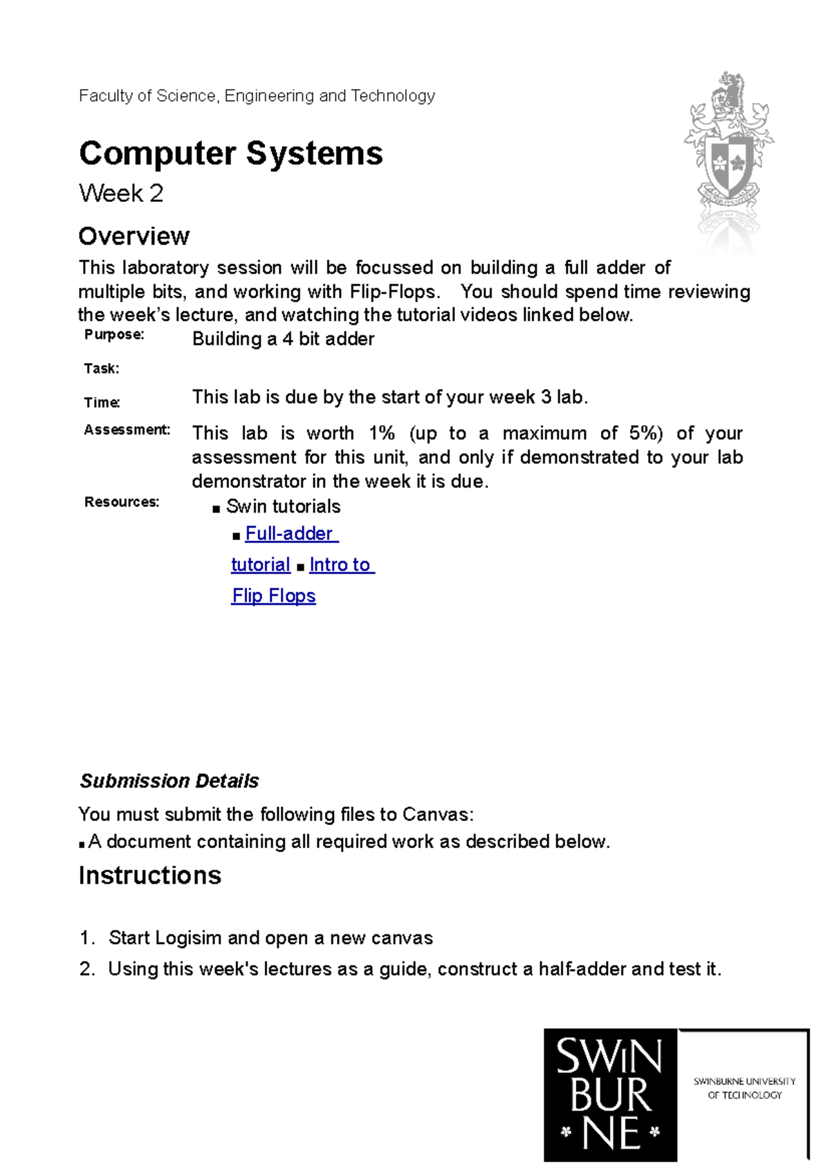 Week2 Lab - LAB 2 - Faculty of Science, Engineering and Technology Computer Systems Week 2 ...