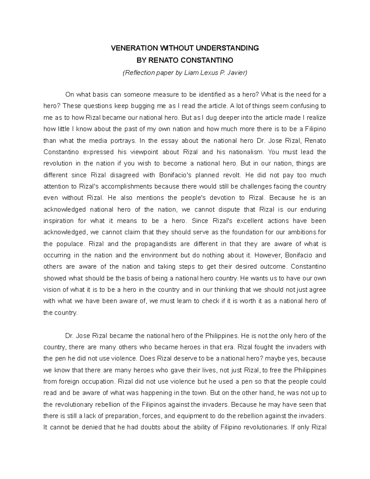 Veneration without understanding Reflection Paper - VENERATION WITHOUT ...