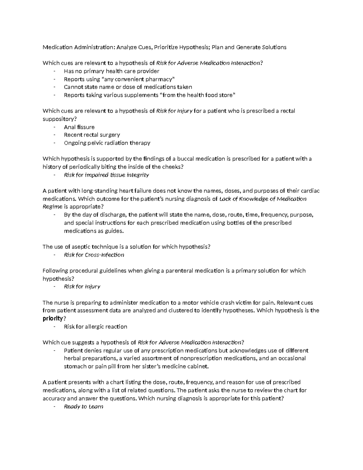 BSN Medication Administration Analyze Cues and Prioritize Hypotheses ...