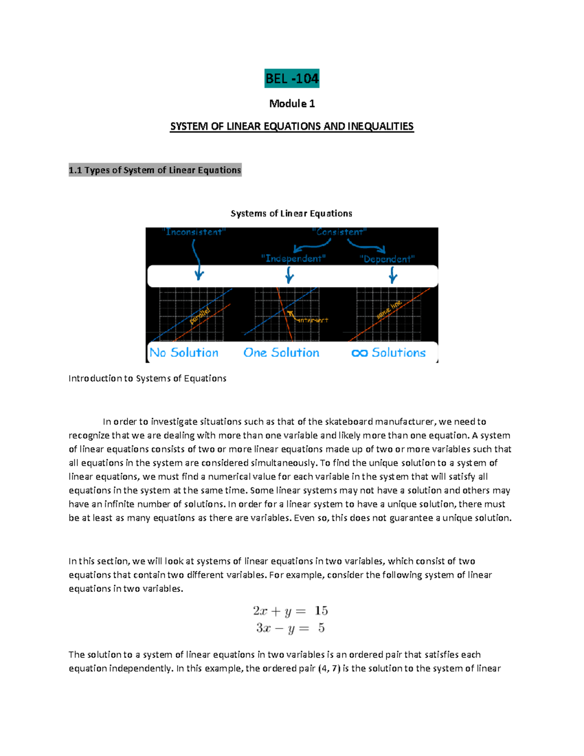M1 - System OF Linear Equations AND Inequalities - BEL - 104 Module 1 ...