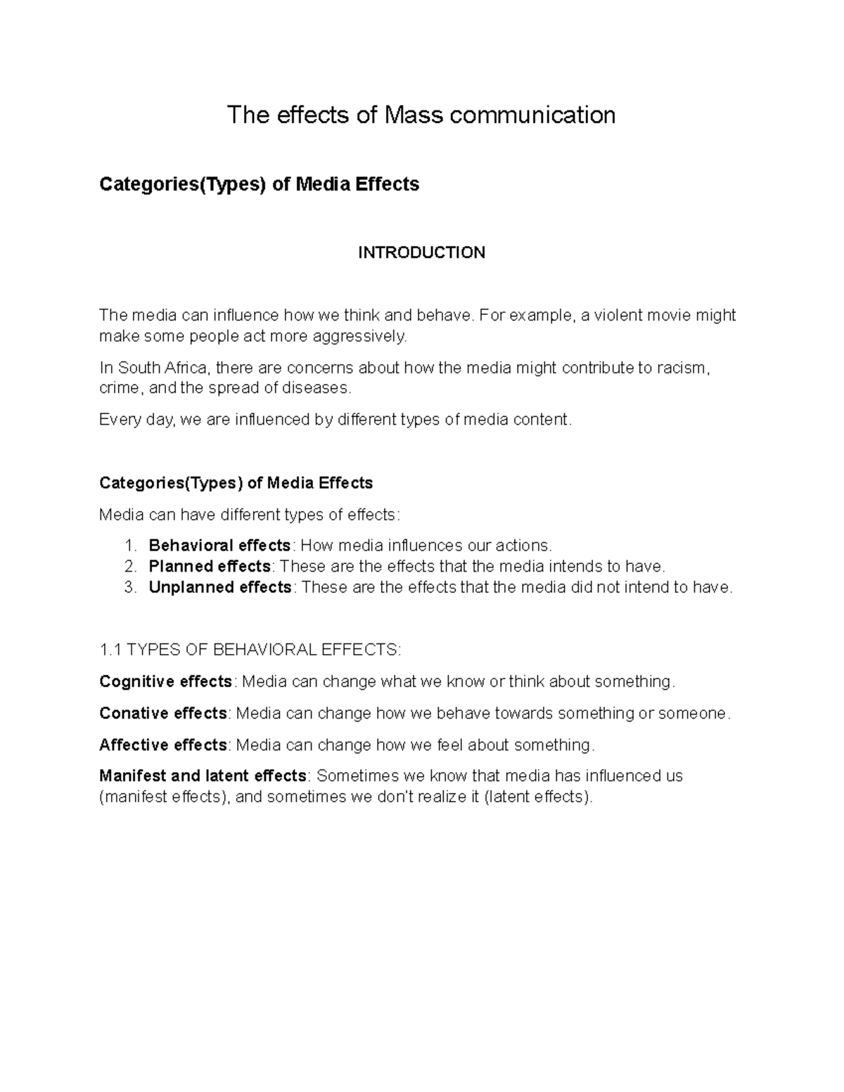 Mass communication effects - The effects of Mass communication ...