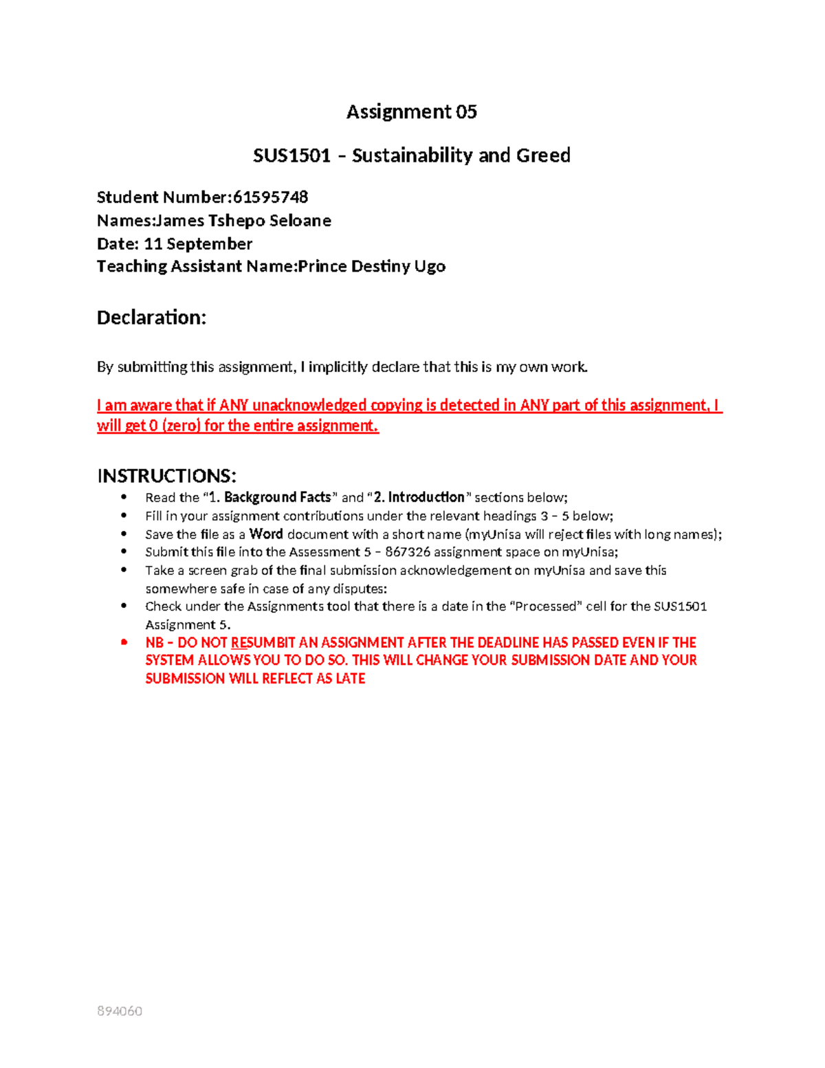 Sus5 - Tutorial and notes - Assignment 05 SUS1501 – Sustainability and ...