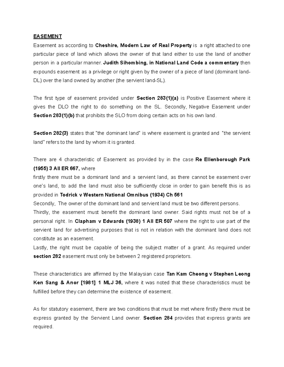 Draft law land final - EASEMENT Easement as according to Cheshire ...