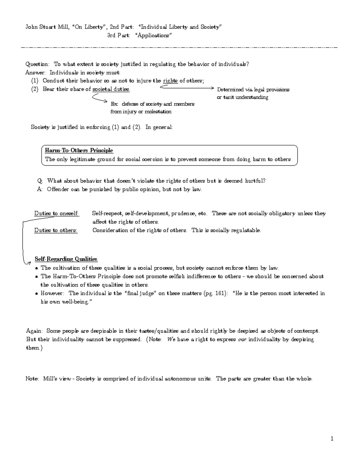 Week 2 Overview of Mill's harm principle - John Stuart Mill, “On ...
