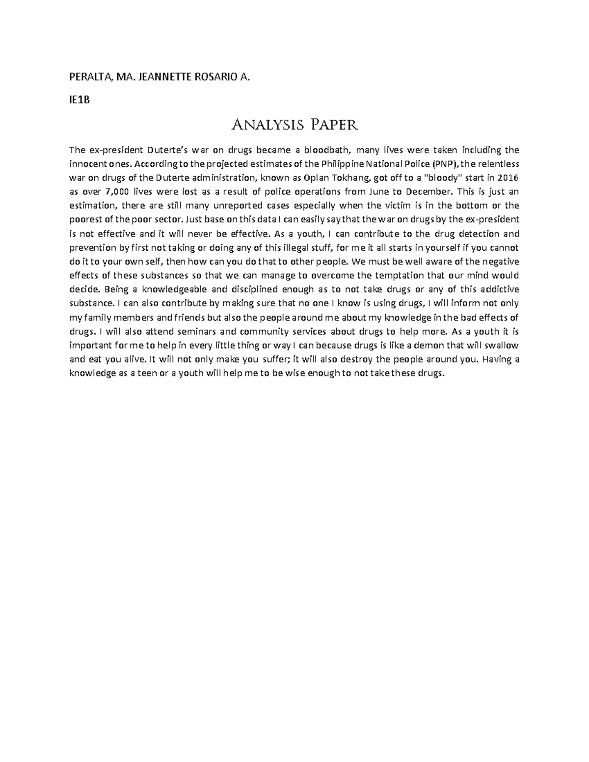 Analysis Paper - PERALTA, MA. JEANNETTE ROSARIO A. IE1B Analysis Paper ...