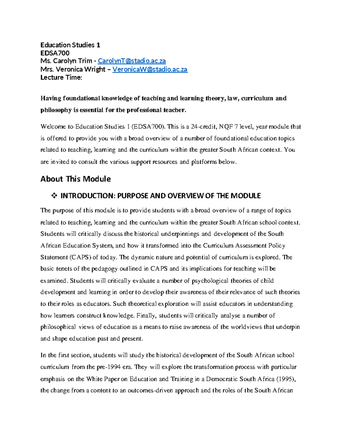 Education Studies Module Framework - Education Studies 1 EDSA Ms ...