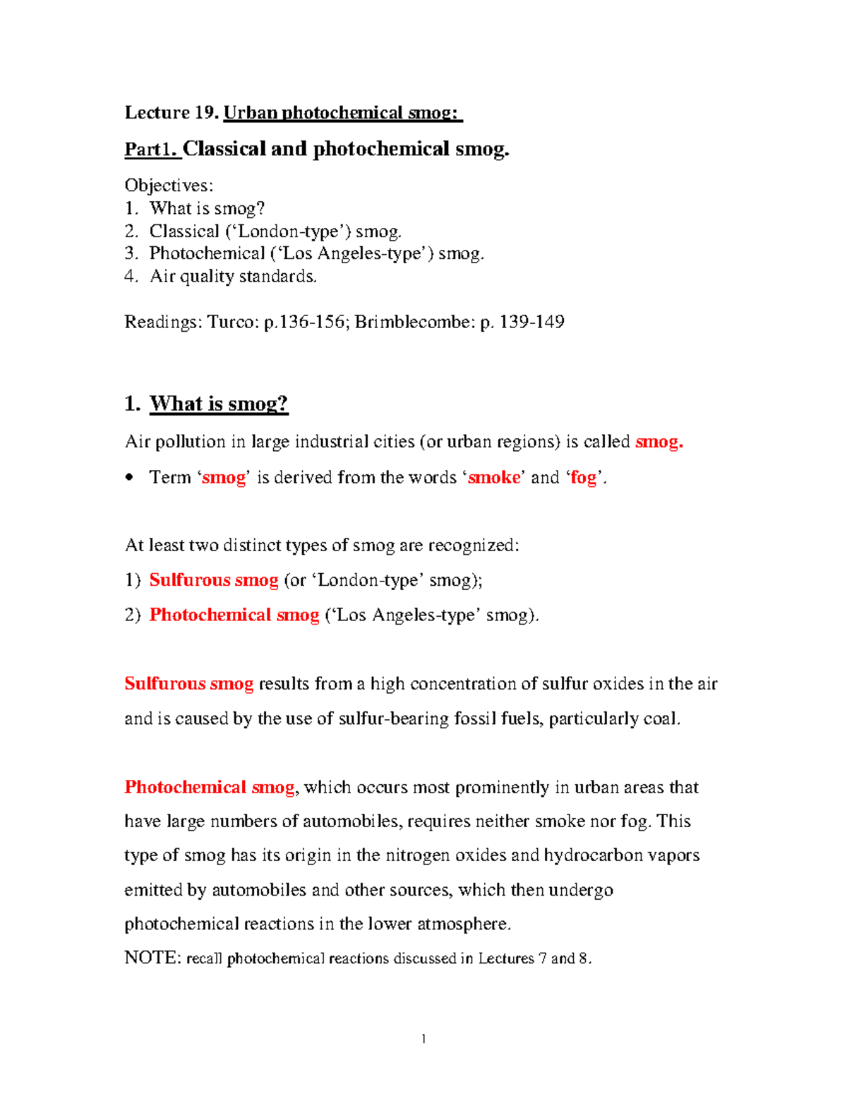 Lecture 19 - Photochemical smog - Lecture 19. Urban photochemical smog ...