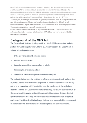 Summary Occupational Health and Safety Act - NOTE: This Occupational ...