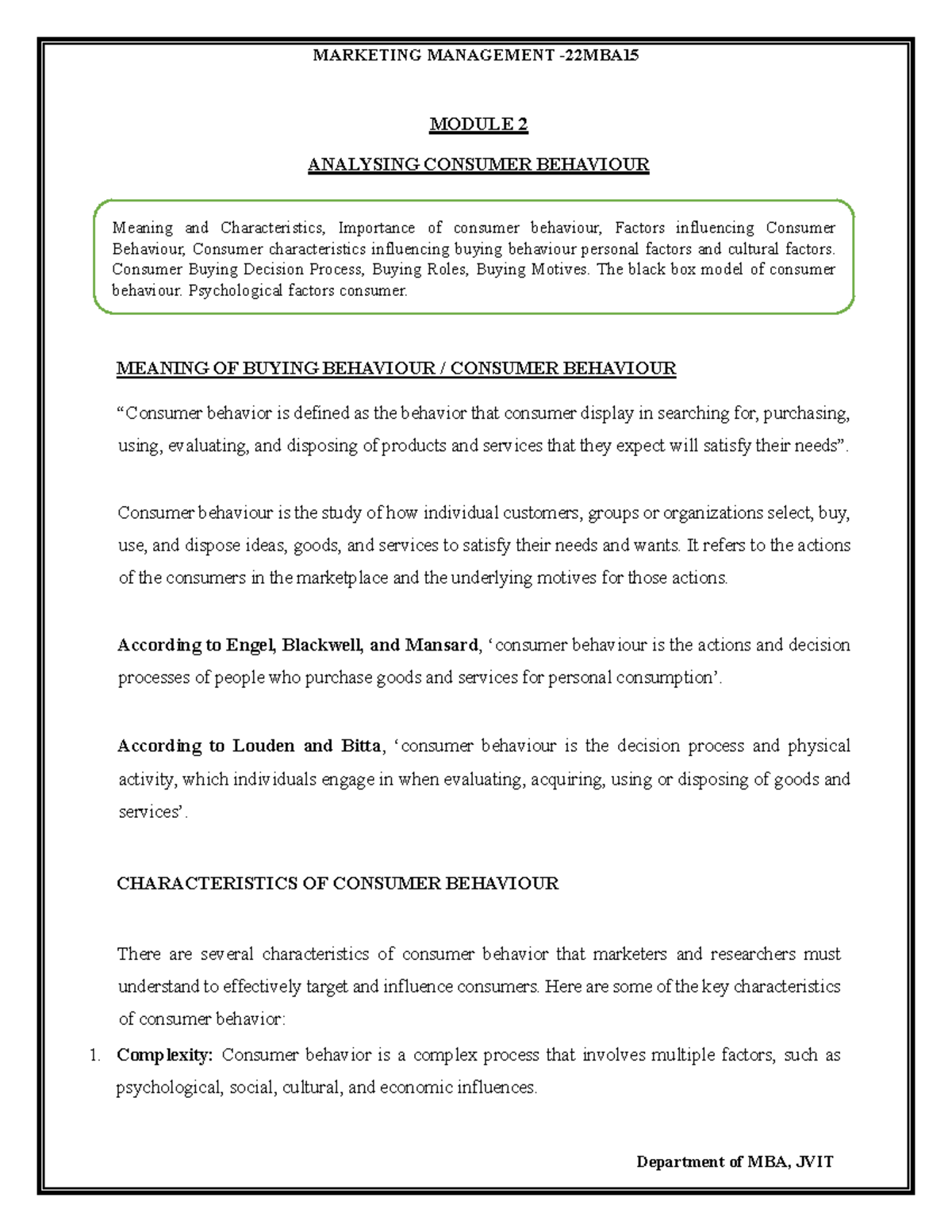 Module 2 (MM) - Summary Software Engineering - MODULE 2 ANALYSING CONSUMER BEHAVIOUR Meaning and ...