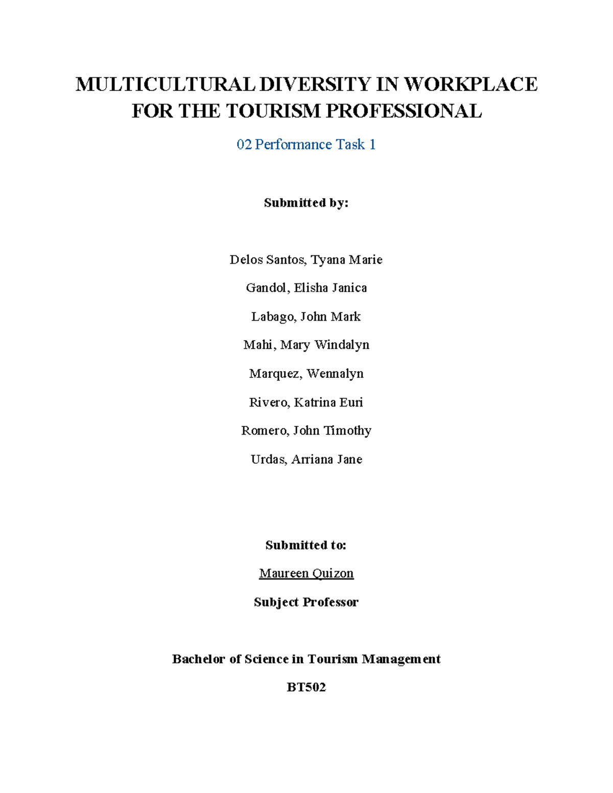 Multicultural Diversity 02 Performance Task 1 - MULTICULTURAL DIVERSITY IN WORKPLACE FOR THE ...