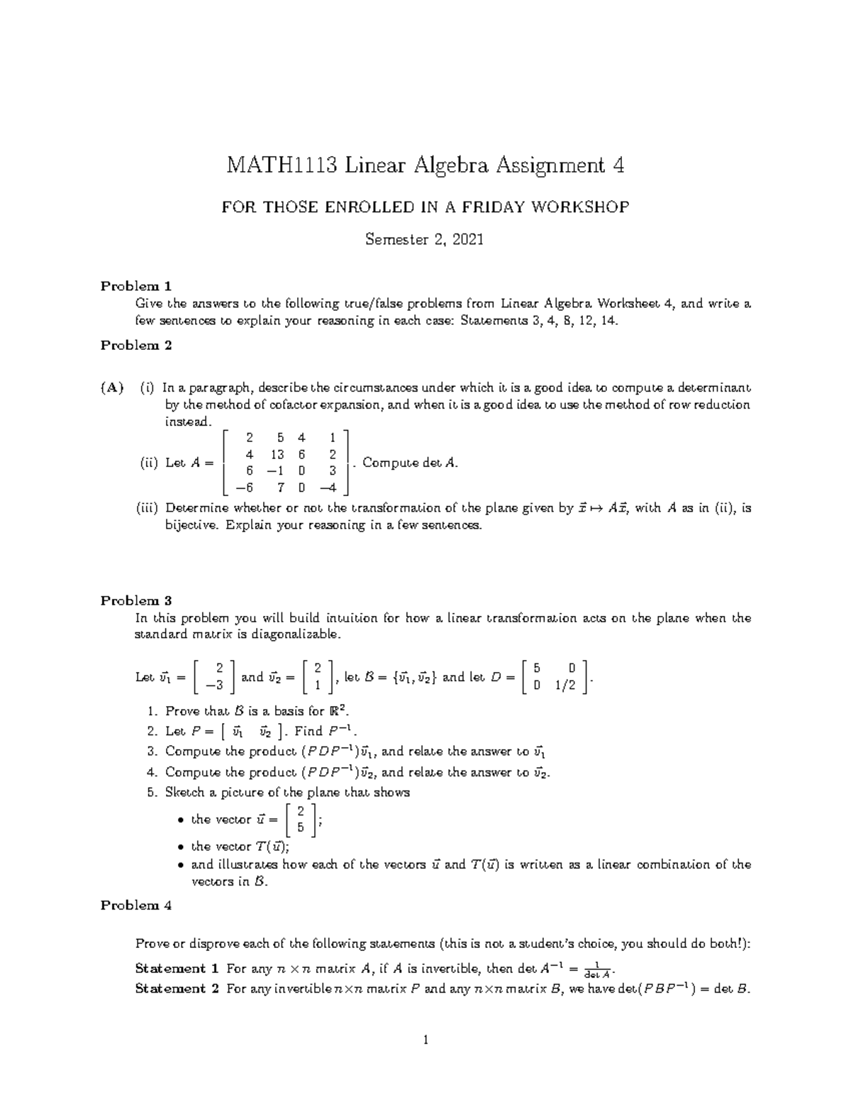 Linear Algebra Assignment 4 Friday - MATH1113 Linear Algebra Assignment ...