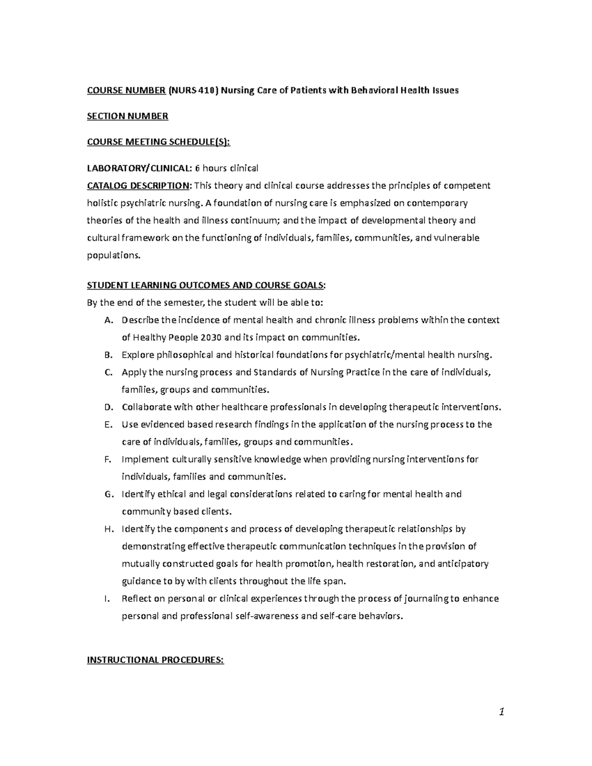 Psychiatric Nursing Syllabus - COURSE NUMBER (NURS 410) Nursing Care of ...