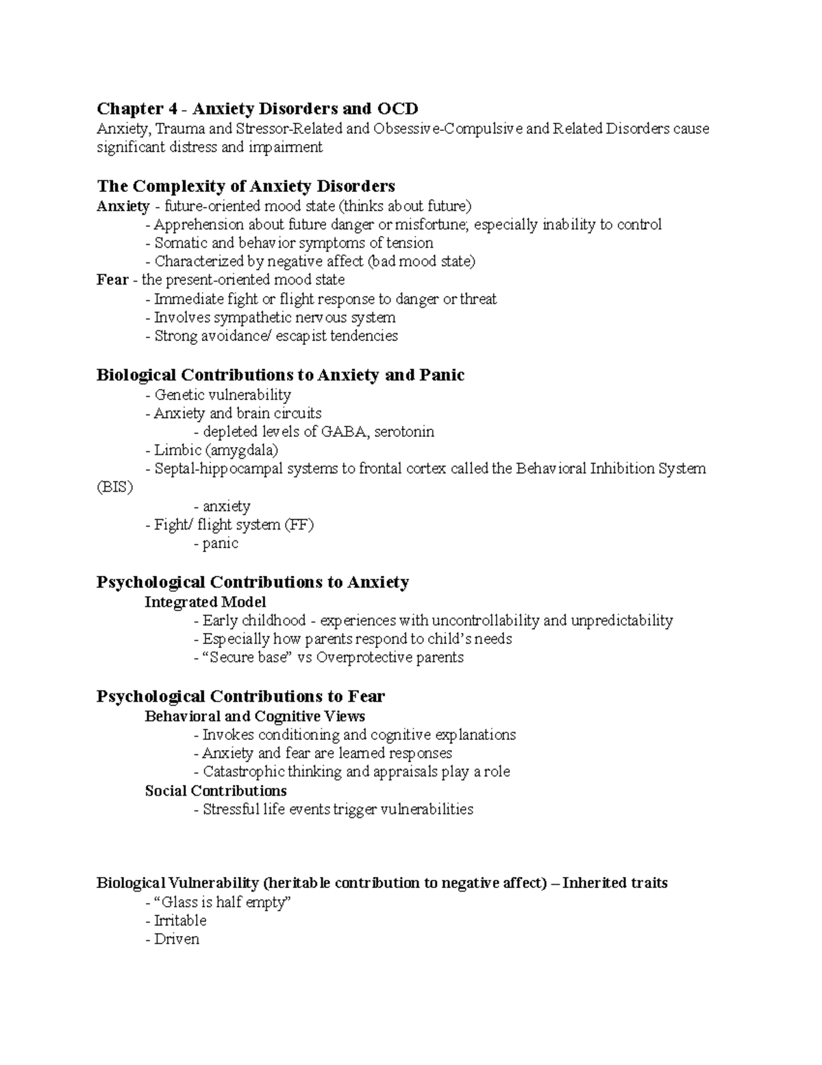 Abnormal Psychology Notes (Exam 2) - Chapter 4 Anxiety Disorders and ...