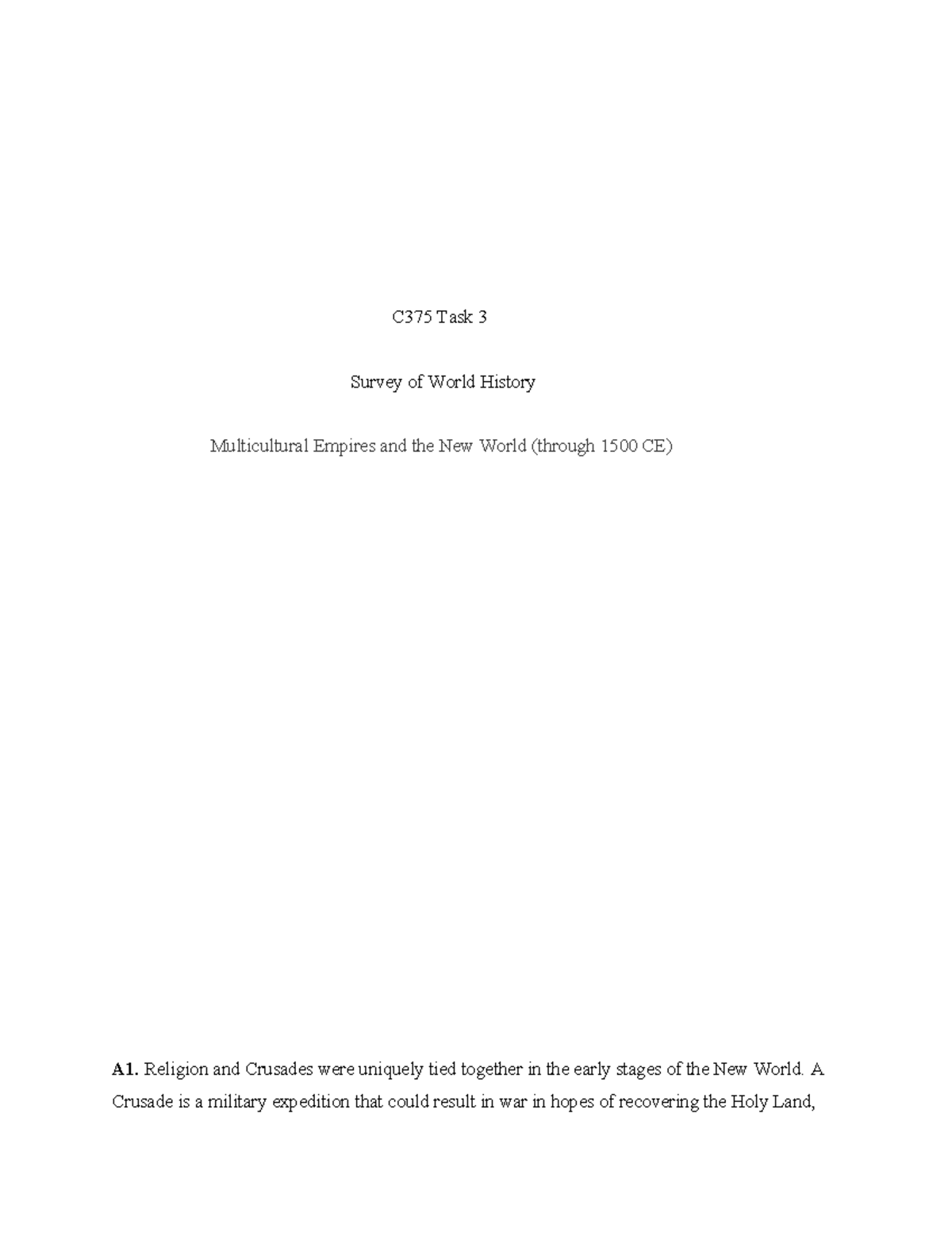 C375 Task 3 - Task 3 - C375 Task 3 Survey of World History ...