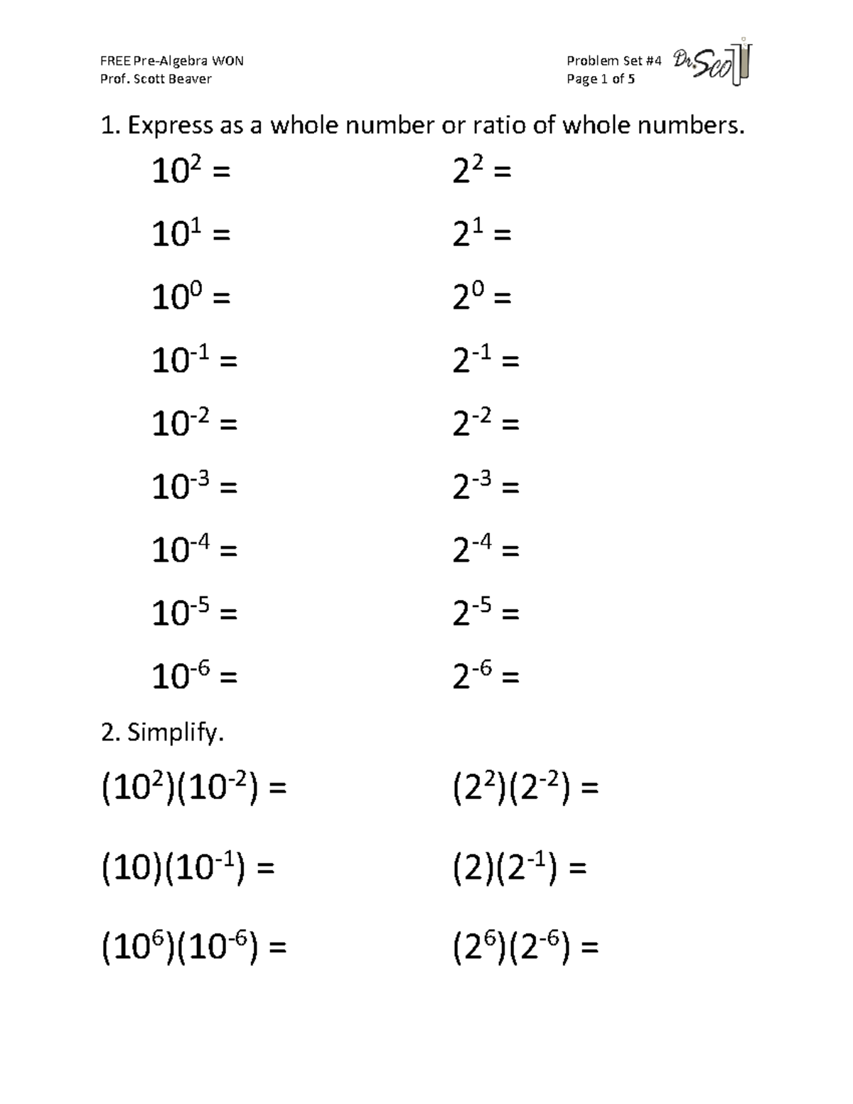 7th Grade Math Worksheets Problem Set 4 Express As A Whole Number Or