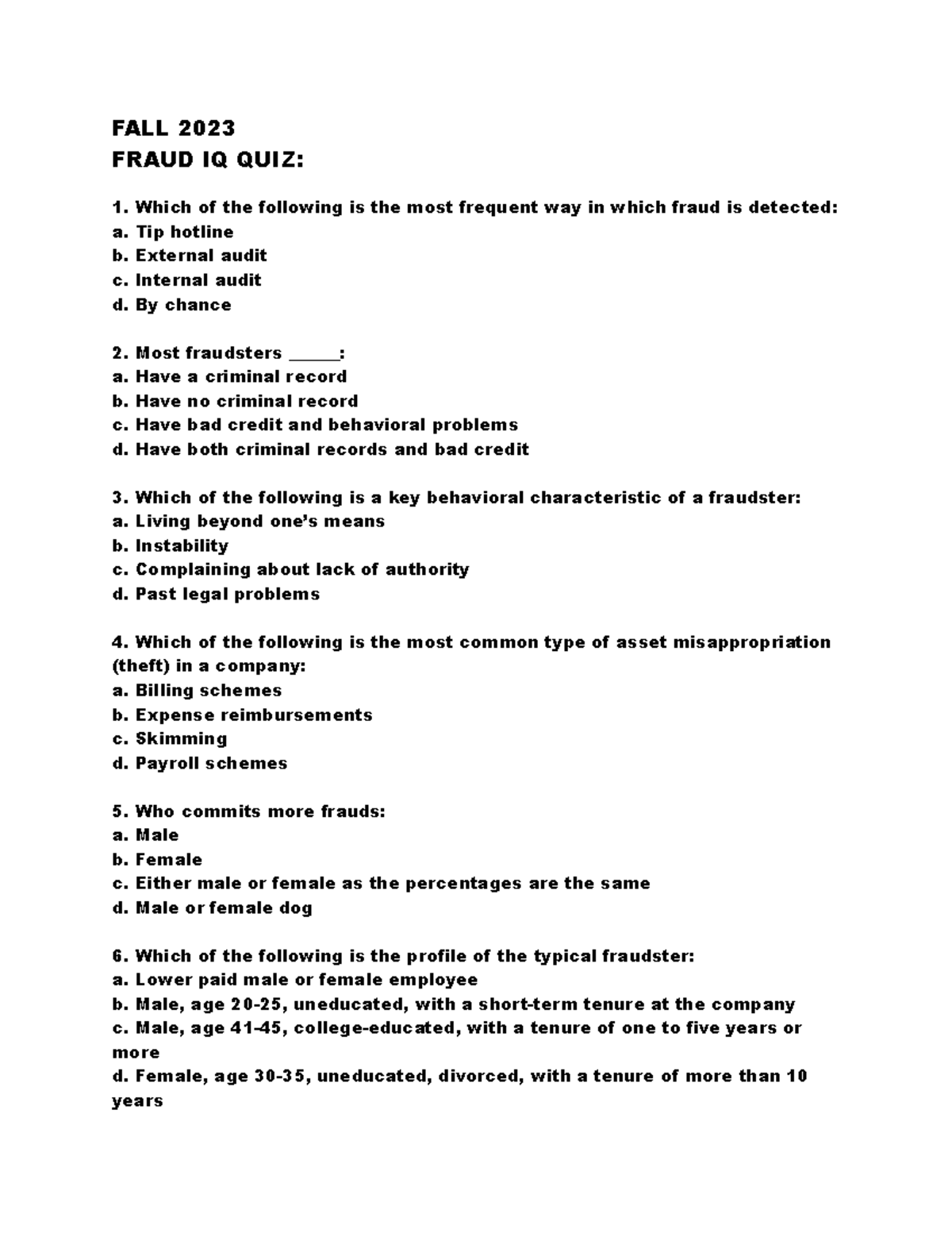 2023 Fraud QUIZ - ZIVIA SWEENEY - FALL 2023 FRAUD IQ QUIZ: Which of the ...