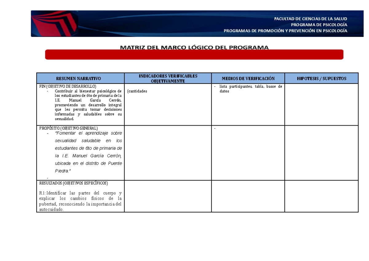 Matriz DE Marco Lógico - FACULTAD DE CIENCIAS DE LA SALUD PROGRAMA DE ...