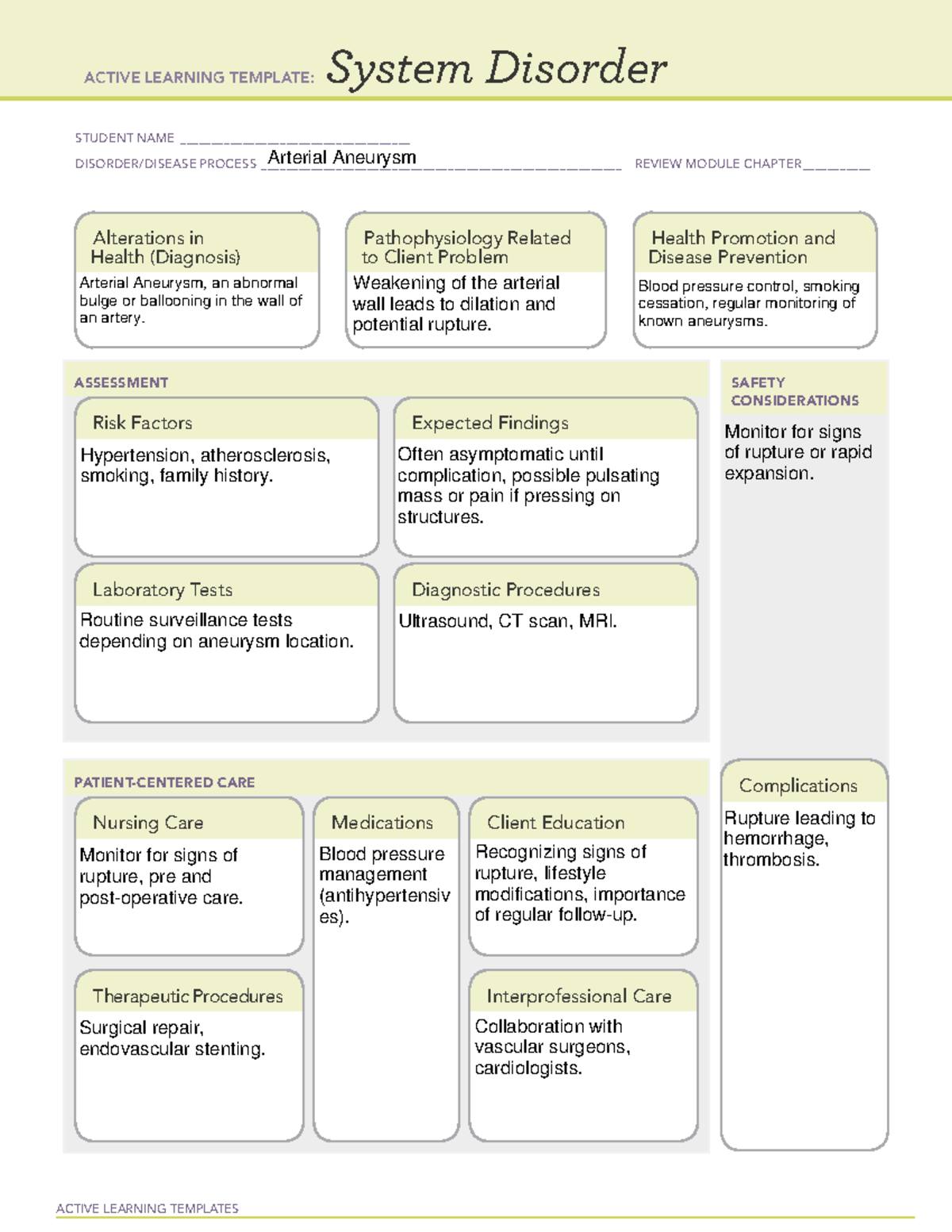 System disorder template ATI Arterial Aneurysm - ACTIVE LEARNING ...