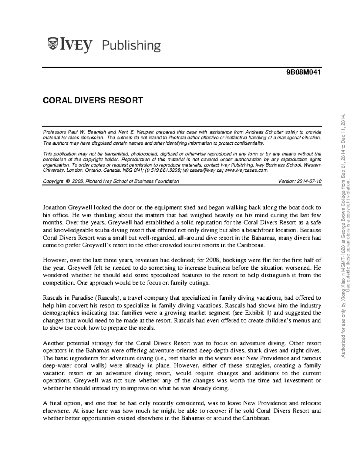 Coral Divers resort case study (Full) - 9B08M CORAL DIVERS RESORT Professors Paul W. Beamish and ...