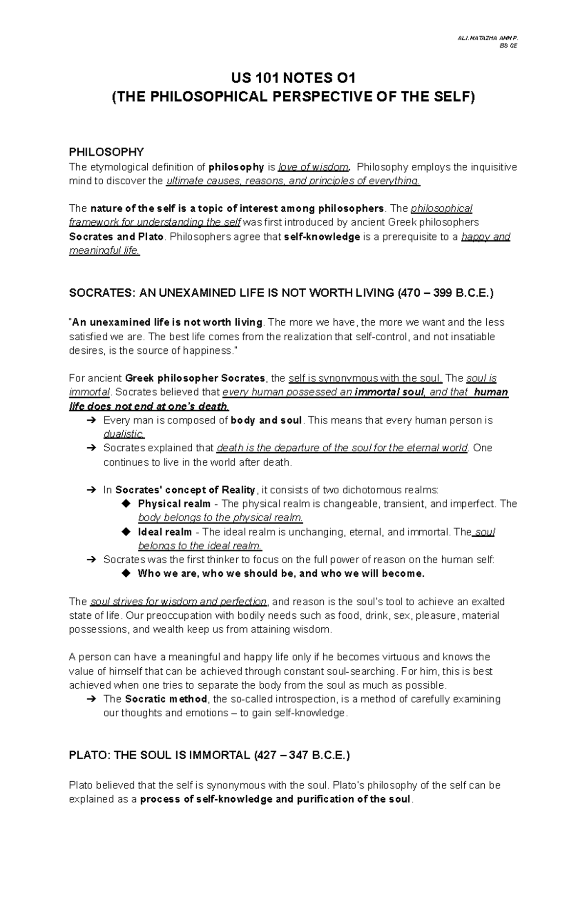 US 101 Notes O1 (PHILOSOPHICAL SELF) - BS GE US 101 NOTES O (THE ...
