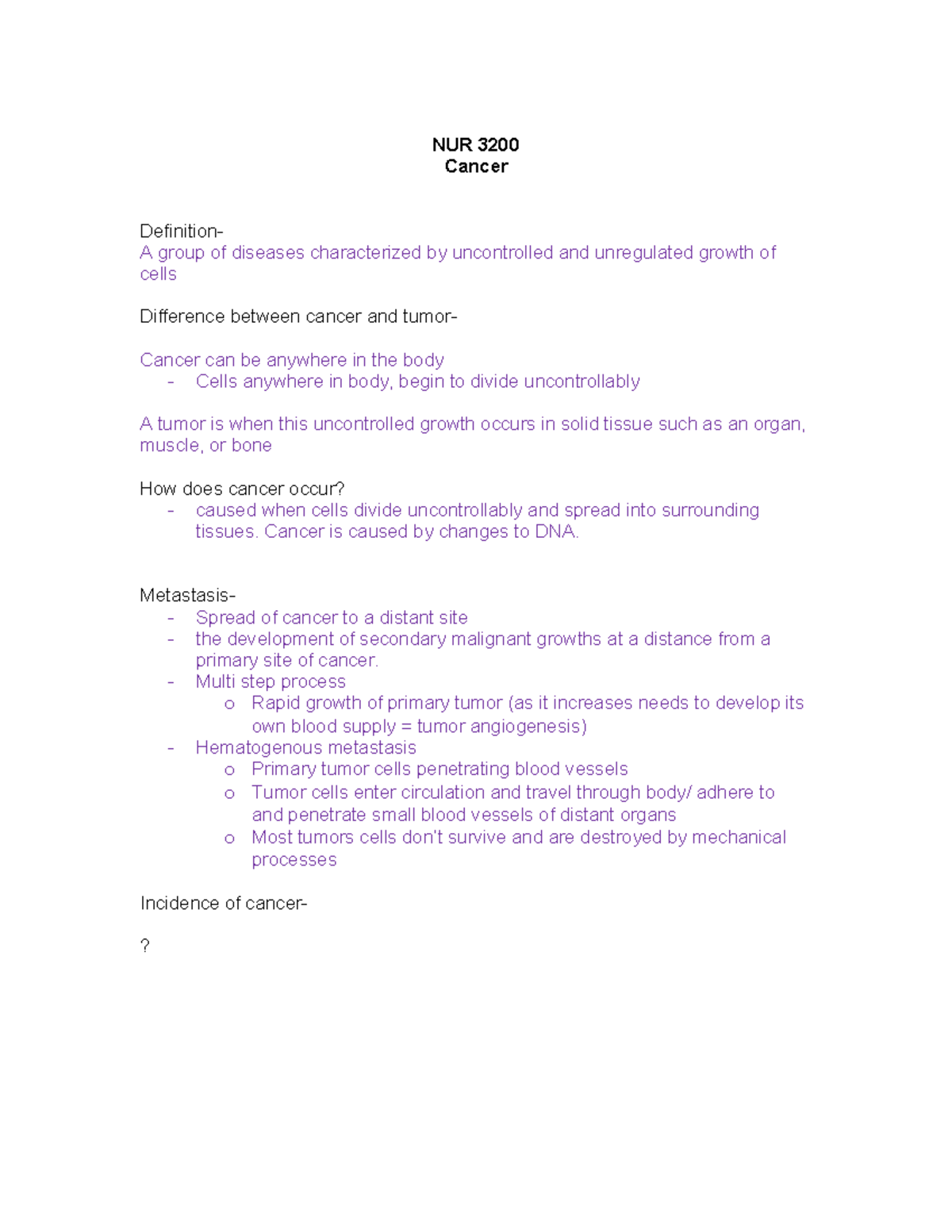 Cancer outline note - NUR 3200 Cancer Definition- A group of diseases ...