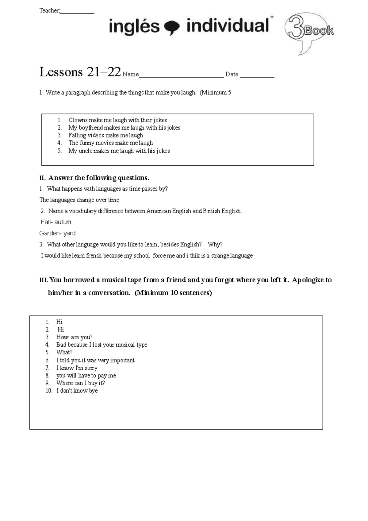 Review Ejercicios para lecciones 21_22 - Teacher;___________ Lessons 21 ...