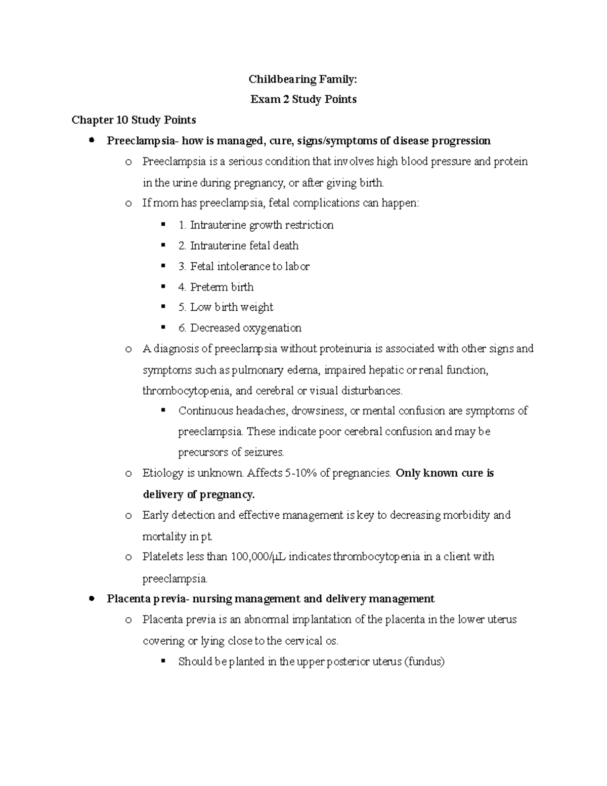 Exam 2 Study Points - Childbearing Family: Exam 2 Study Points Chapter 10 Study Points - Studocu