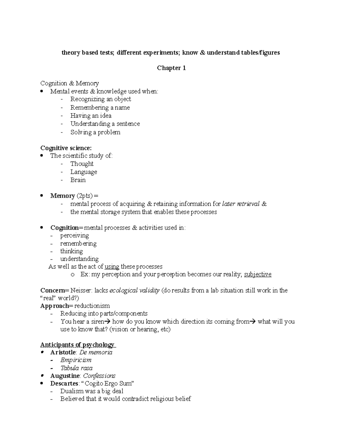 Cognitive processes - Lecture notes 1-5 - theory based tests; different ...