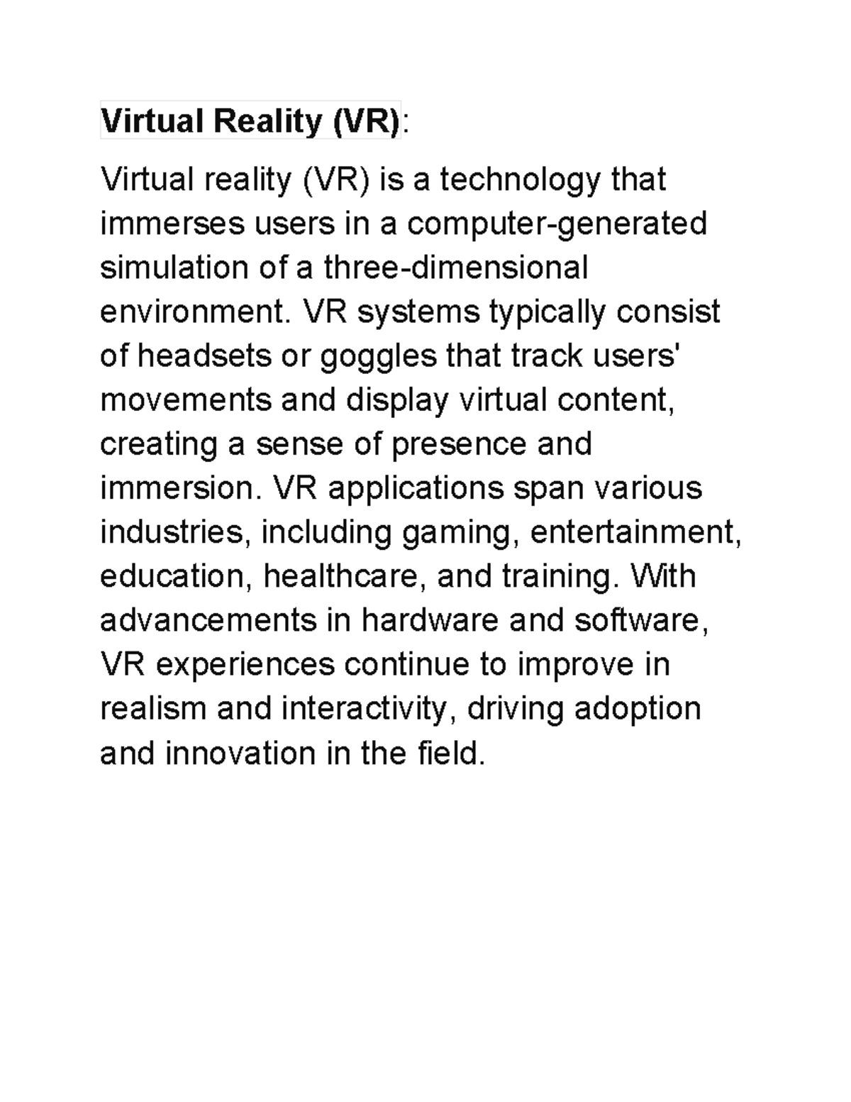 Virtual Reality - CS notes - Virtual Reality (VR): Virtual reality (VR ...