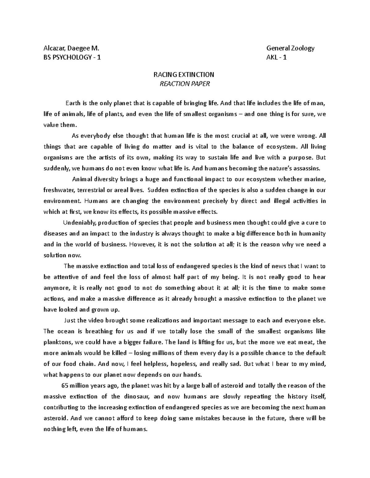 Reaction Paper - Racing Extinction - Alcazar, Daegee M. General Zoology ...