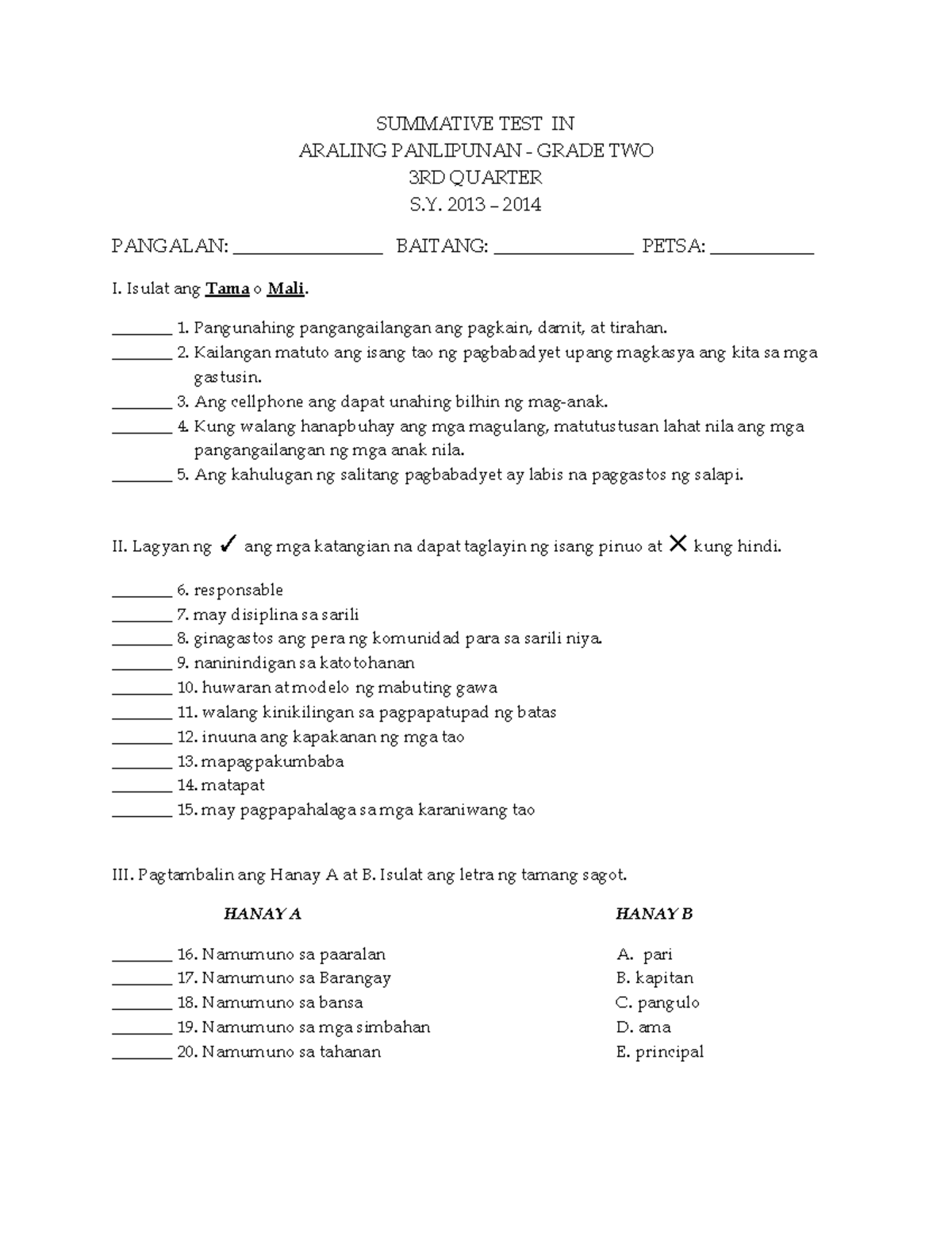Araling Panlipunan Exam SUMMATIVE TEST IN ARALING PANLIPUNAN GRADE