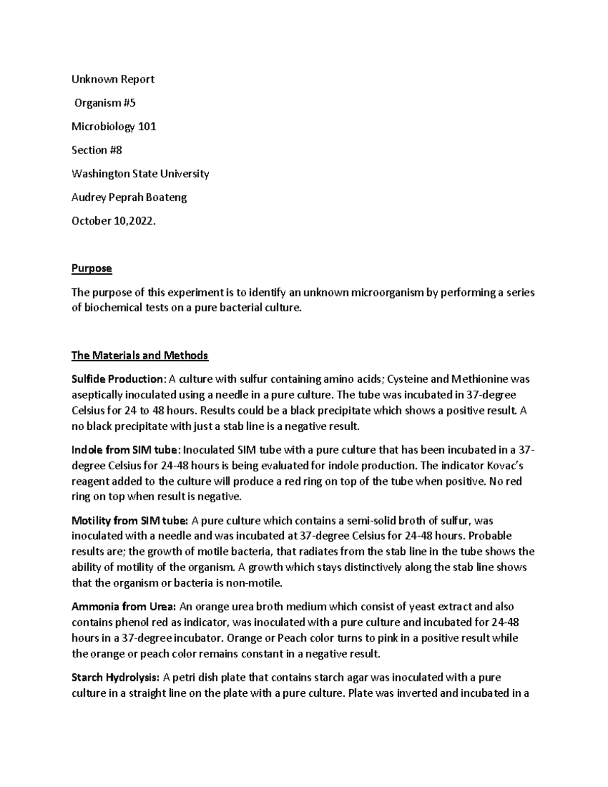Microbiology lab report - Unknown Report Organism # Microbiology 101 ...