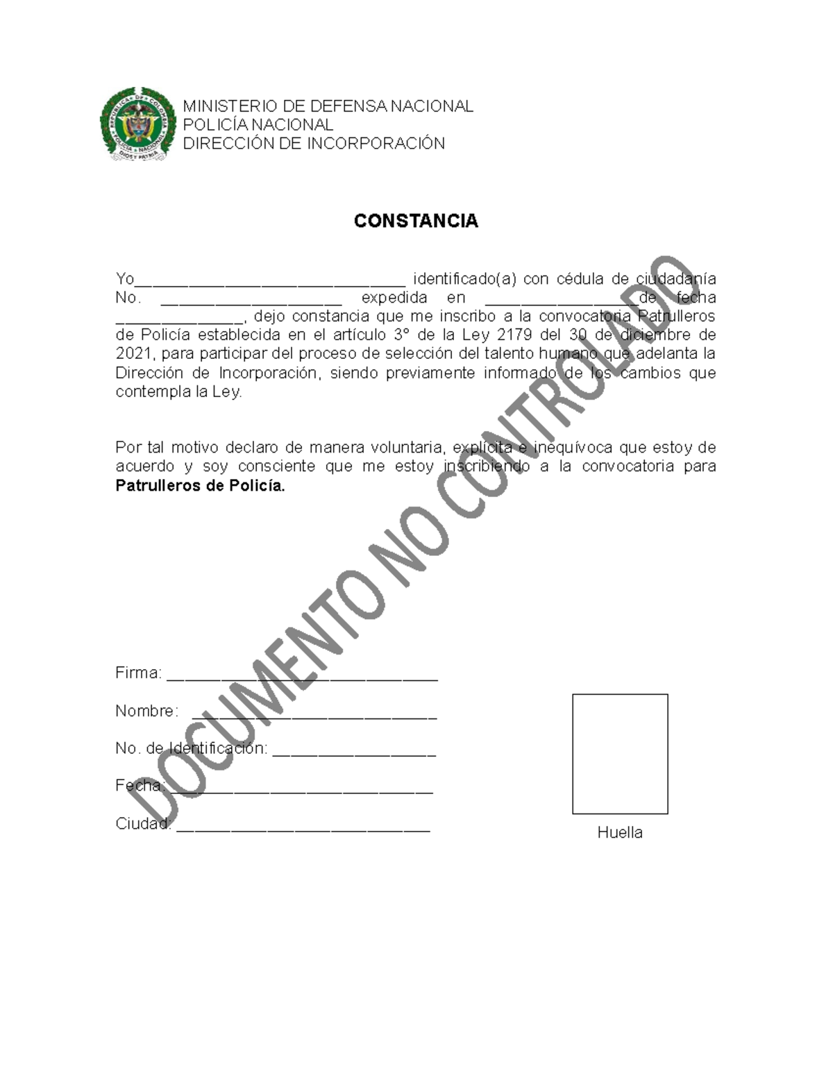 Constancia Notificación Patrulleros DE Policía aprobada - MINISTERIO DE DEFENSA NACIONAL POLICÍA ...