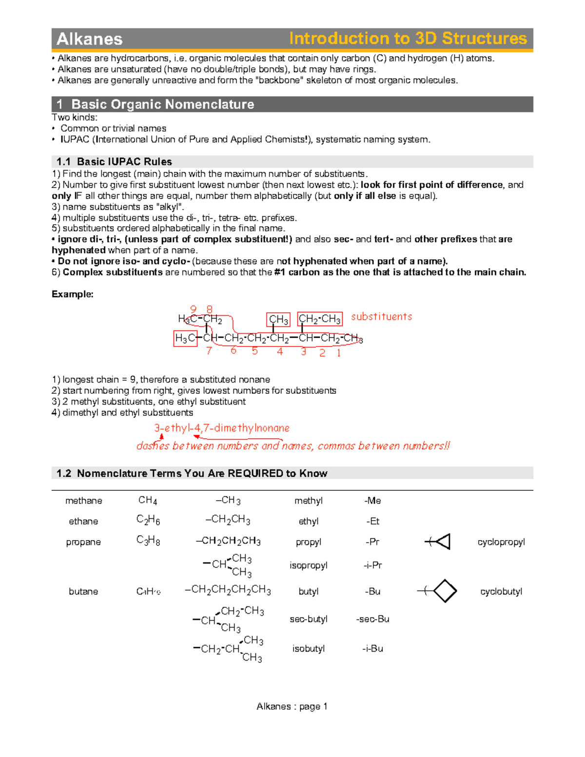 Alkanes F 2019 summary - Alkanes Introduction to 3D Structures Alkanes ...