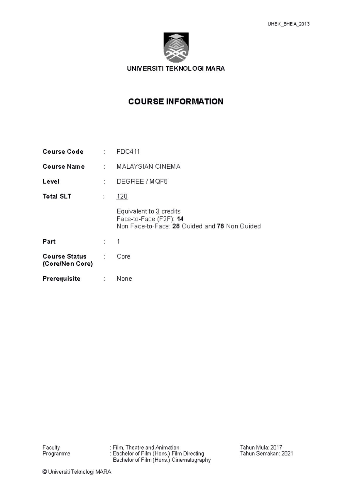 Course INFO FDC411 Malaysian Cinema September - MAC 2019 - UNIVERSITI ...