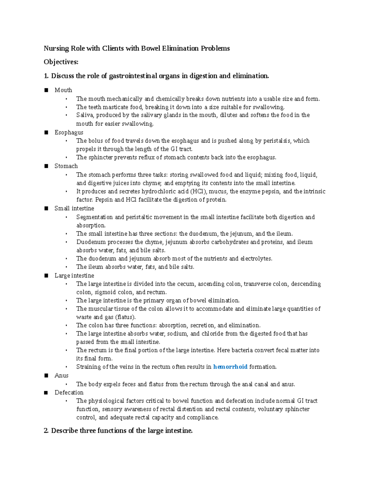 Bowel Elimination - GI lecture notes - Nursing Role with Clients with ...