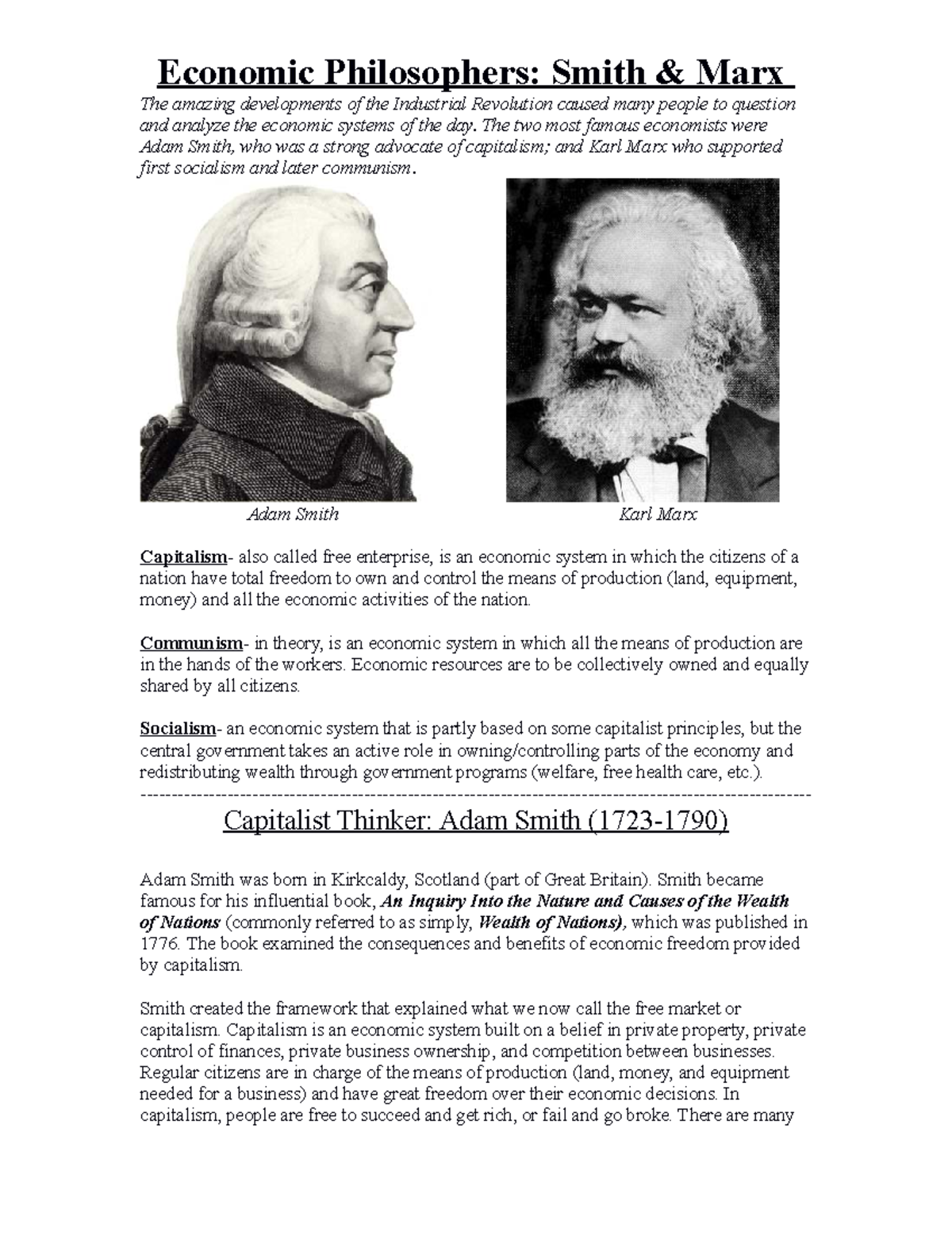 Adam Smith Karl Marx Economic Theories Capitalism Communism-1 - Economic Philosophers: Smith ...