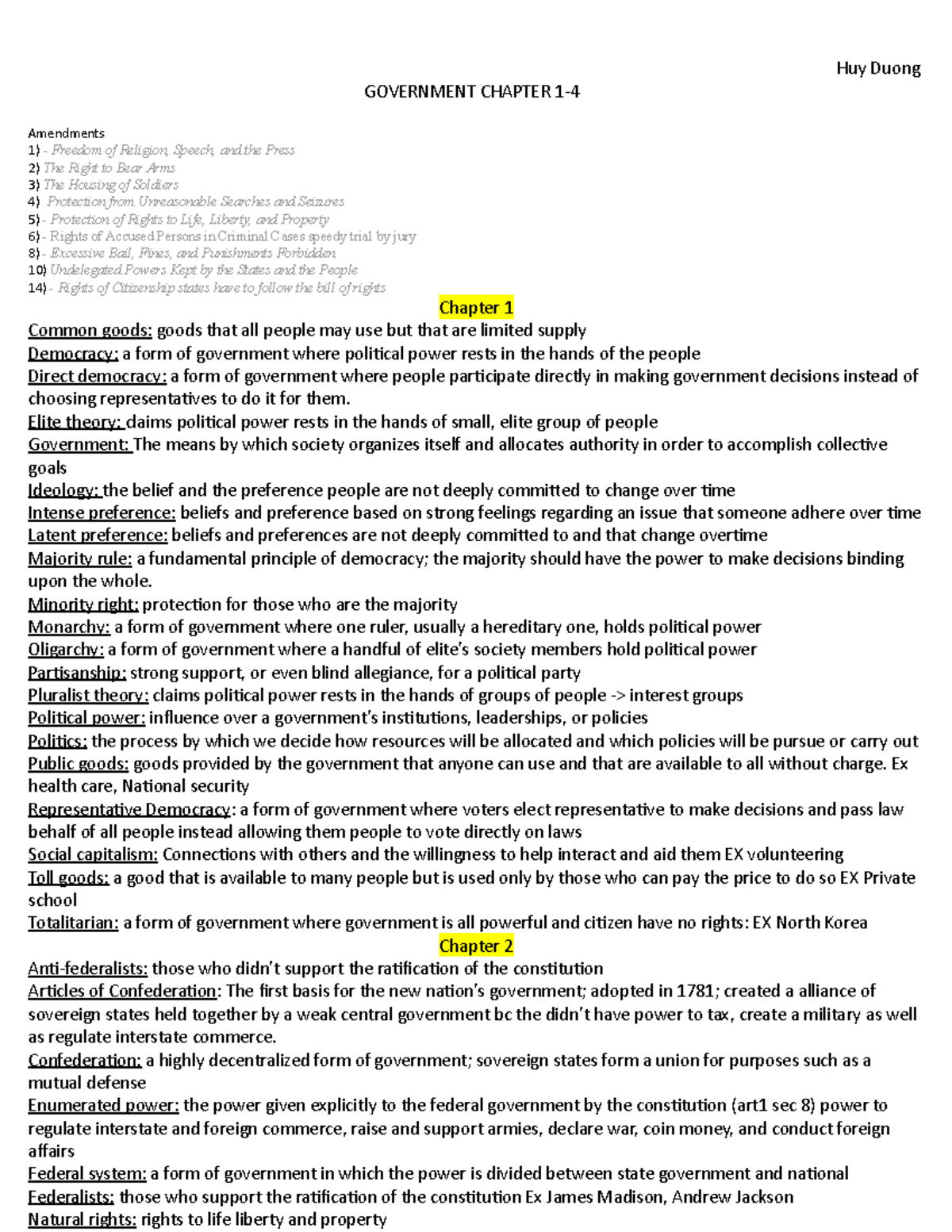 Government chpt 1-4 - Lecture notes 1-4 - Huy Duong GOVERNMENT CHAPTER ...