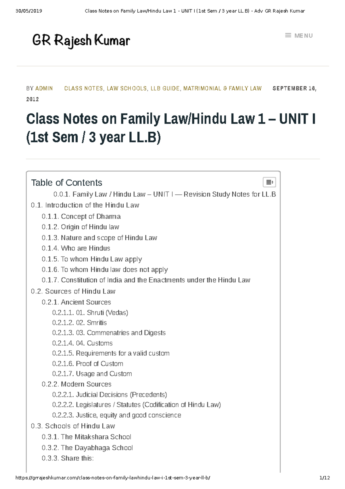 Class Notes on Family Law Hindu Law 1 - UNIT I (1st Sem 3 year LL.B ...