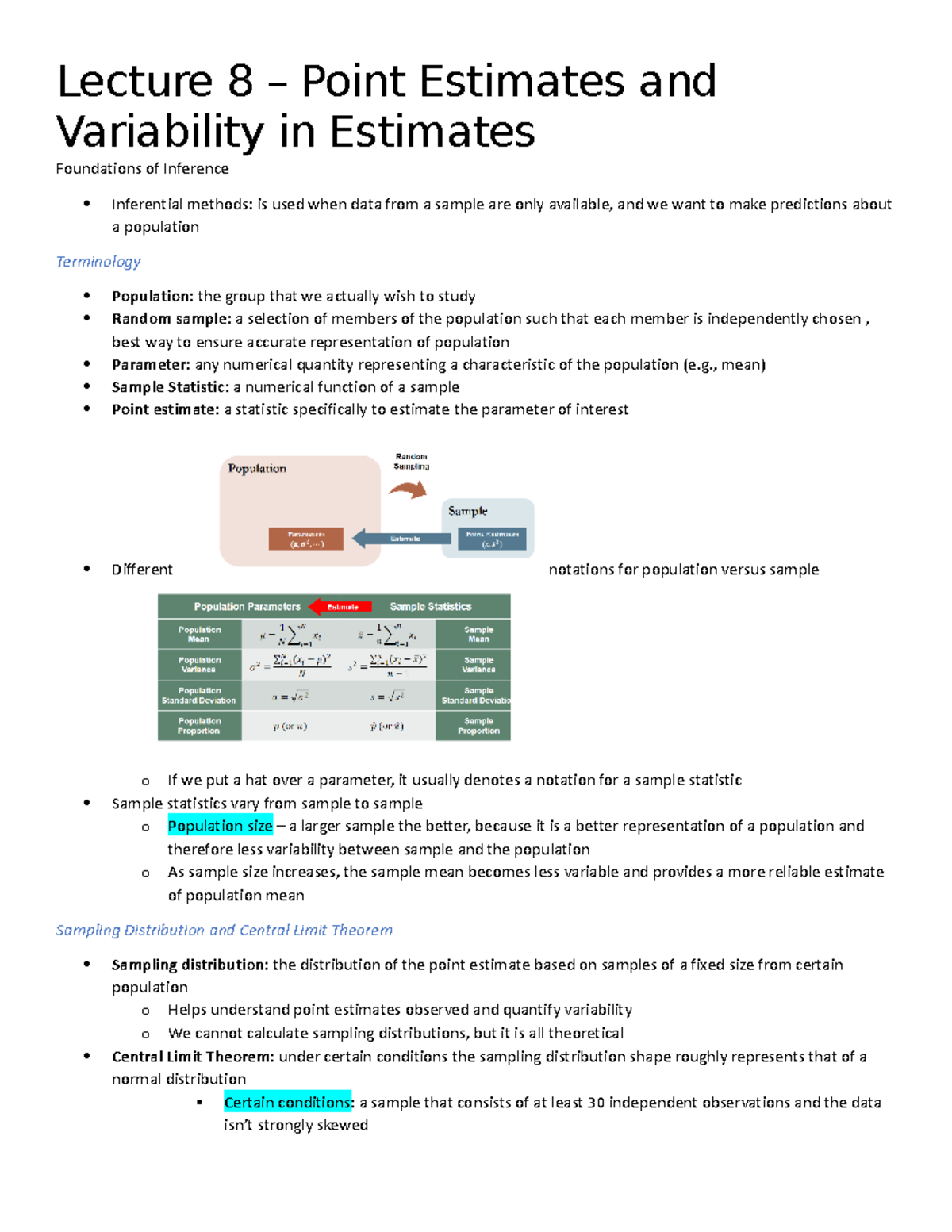 Lecture 8 Point Estimates and Variability in Estimates - Lecture 8 ...