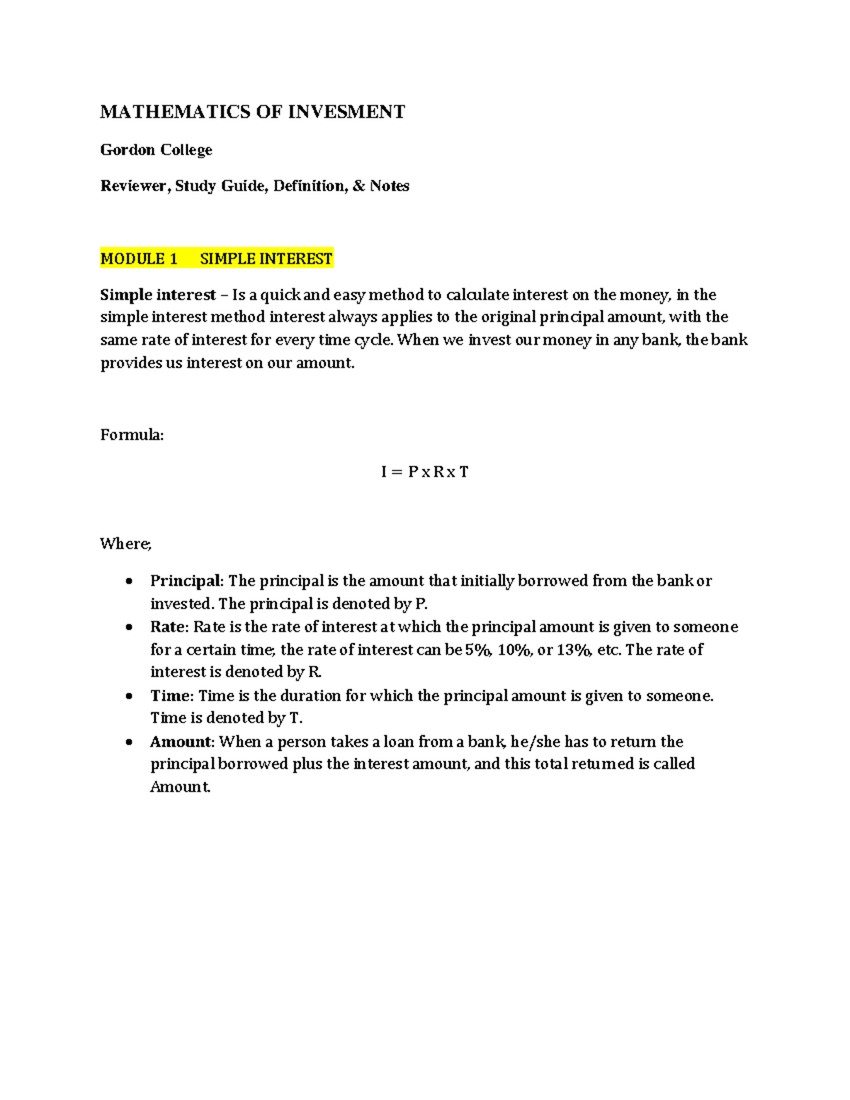 Gordon College - Mathematics of Investment - Study Guide - MATHEMATICS ...