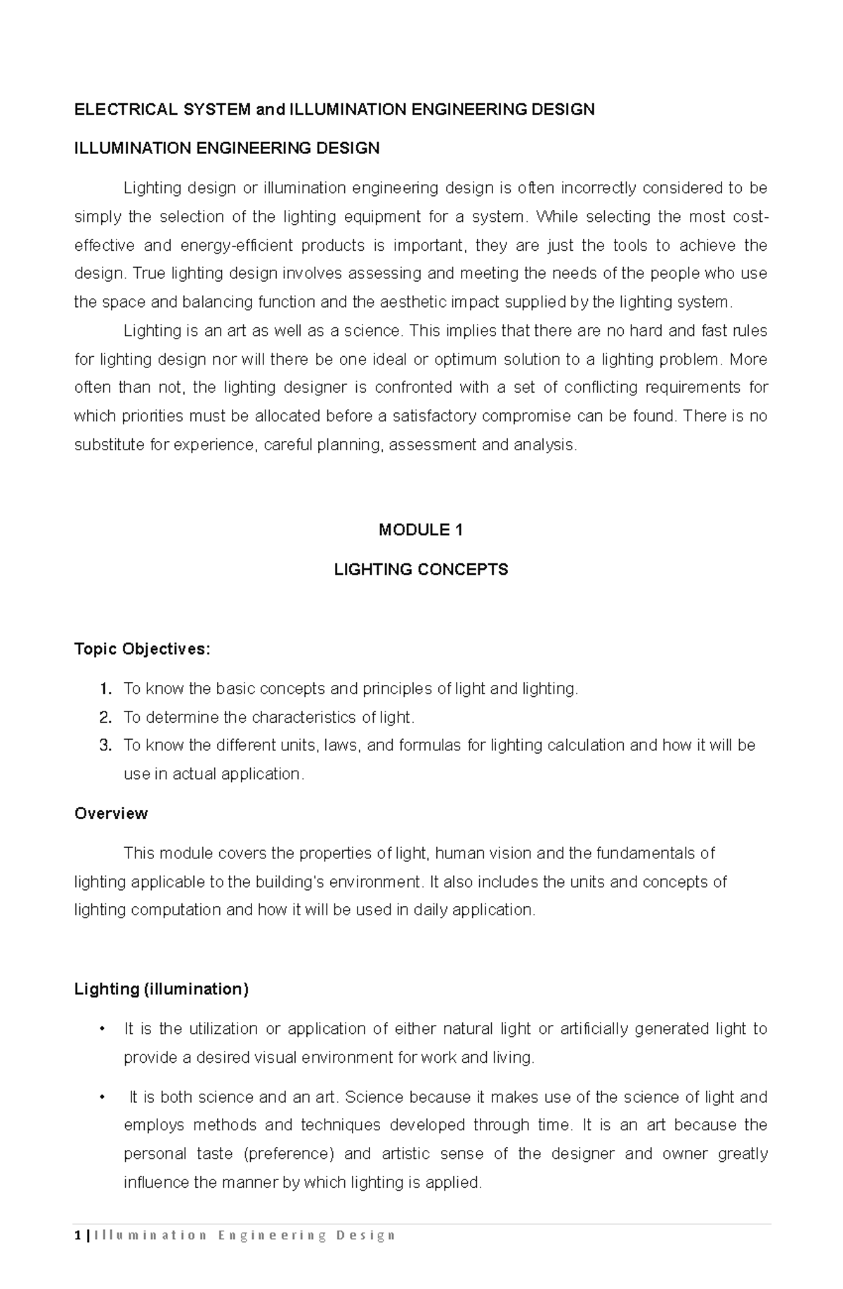 EEN19- Module - Lecture notes 1 - ELECTRICAL SYSTEM and ILLUMINATION ...