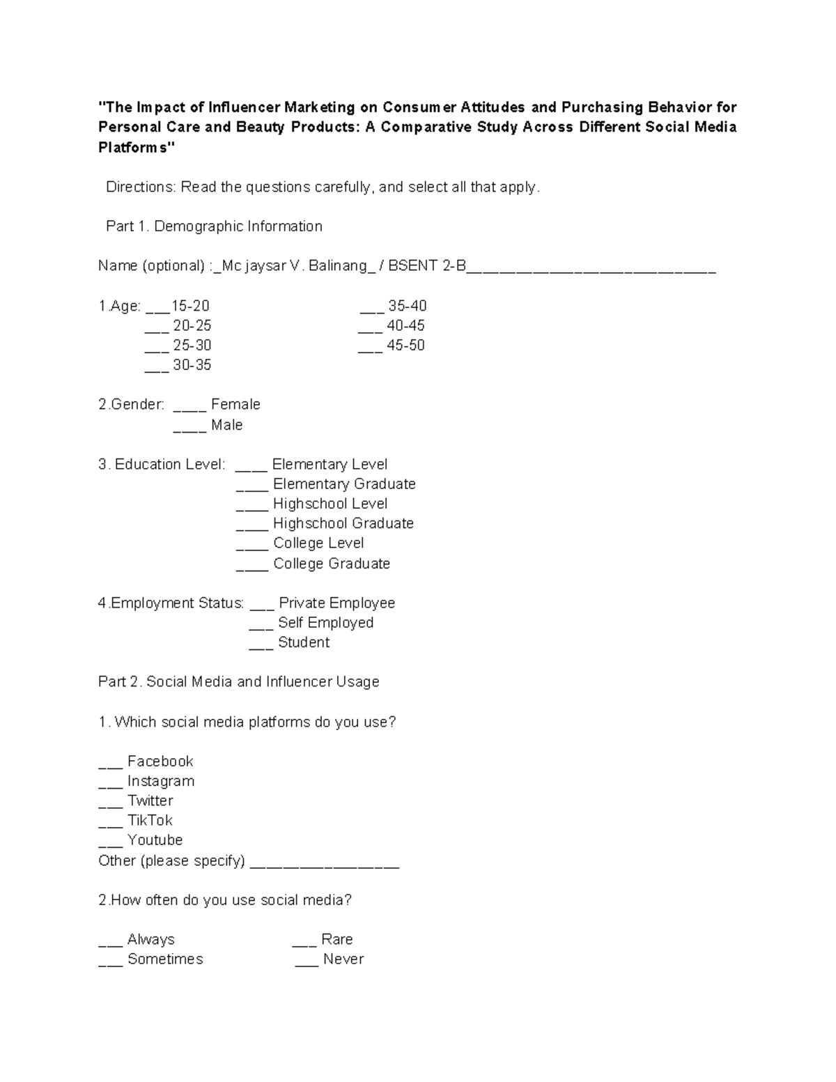 Questionnaire - wtwgajhd - "The Impact of Influencer Marketing on ...