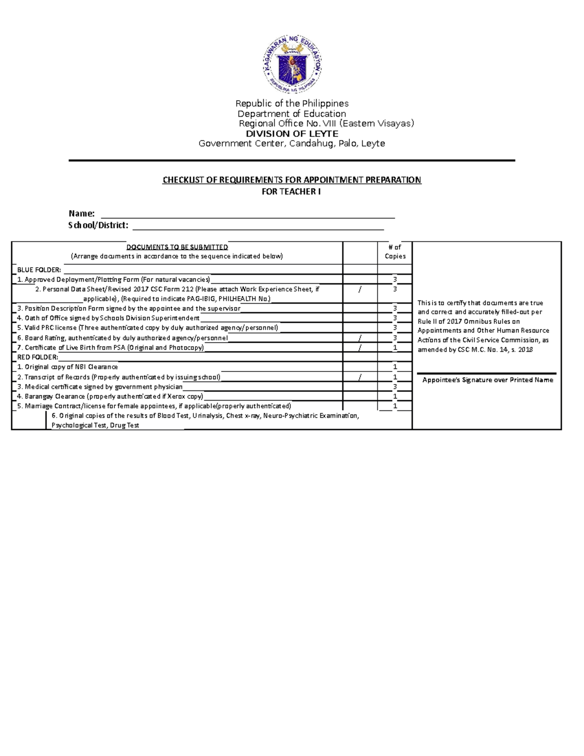 Incoming Teacher 1 Requirements Checklist Republic Of The Philippines