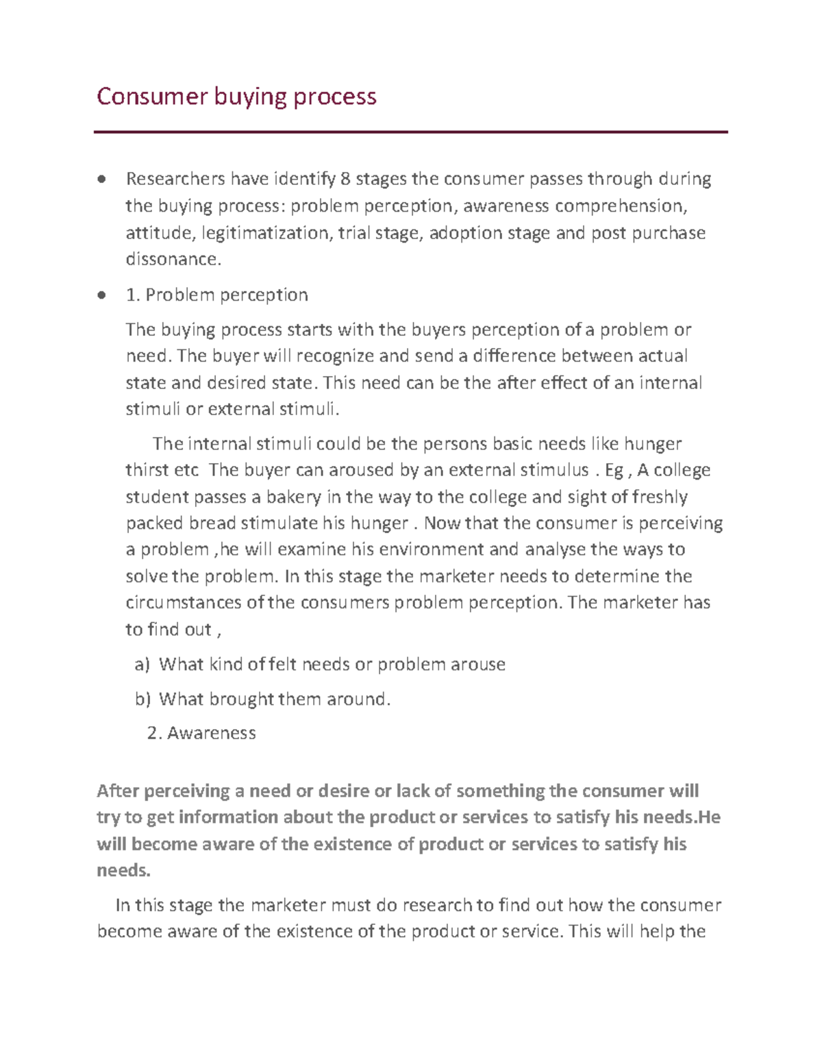 Document - Summary - Consumer buying process Researchers have identify ...