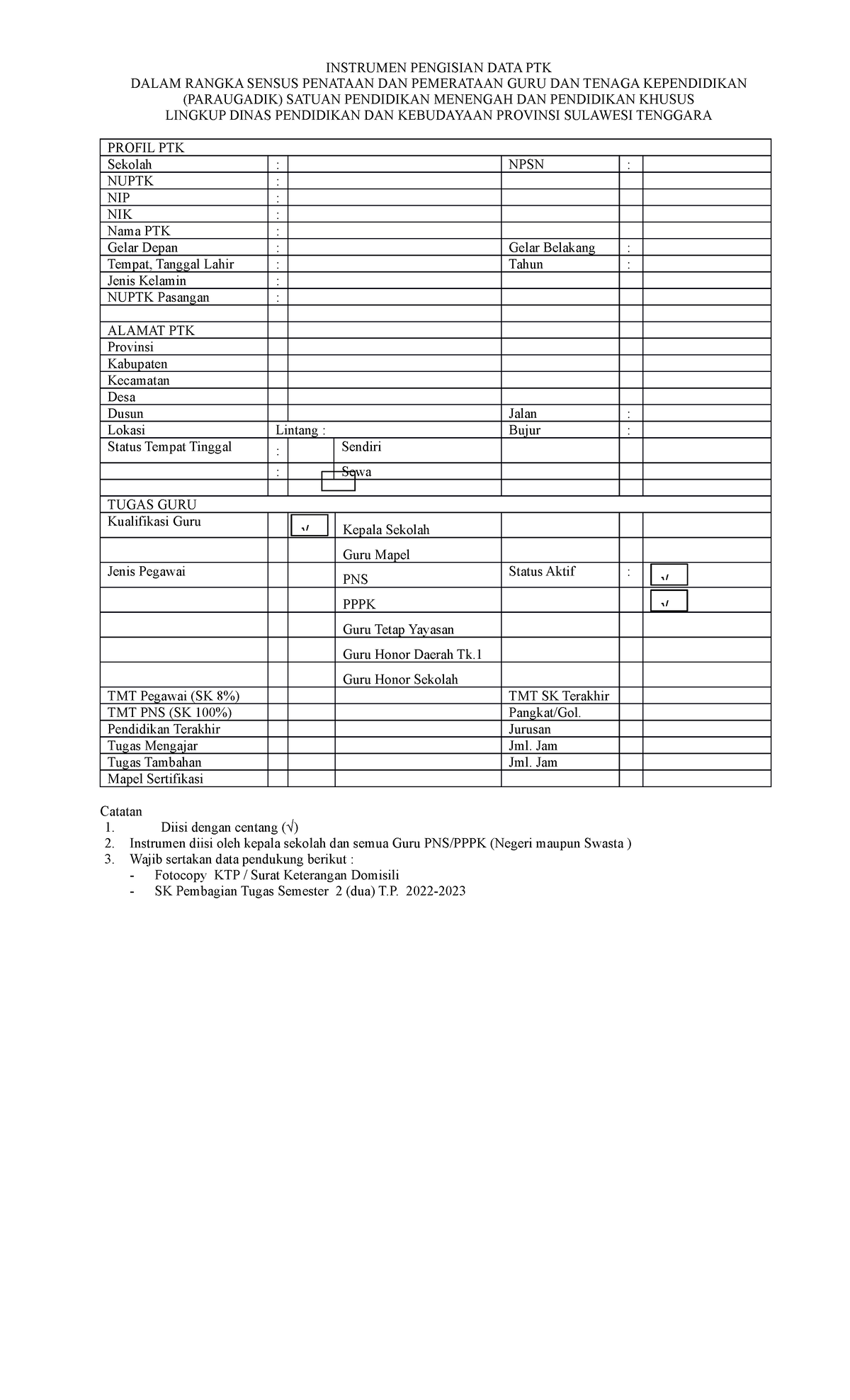 Instrumen Pengisian DATA PTK - INSTRUMEN PENGISIAN DATA PTK DALAM RANGKA SENSUS PENATAAN DAN ...