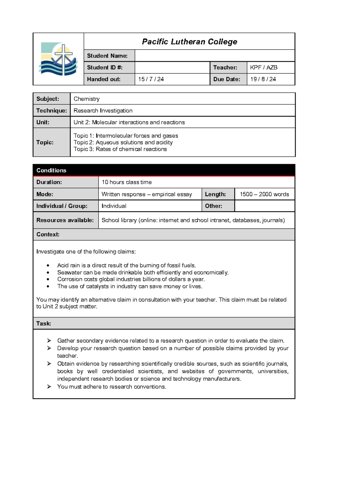 Task Sheet IA3 Research Investigation - Pacific Lutheran College ...