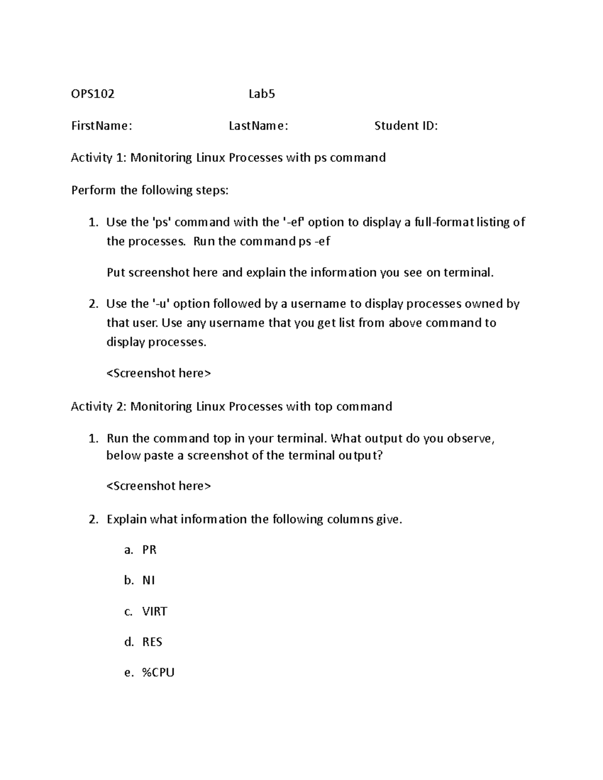 OPS102-Lab5-Process Management - OPS102 Lab FirstName: LastName: Student ID: Activity 1 ...