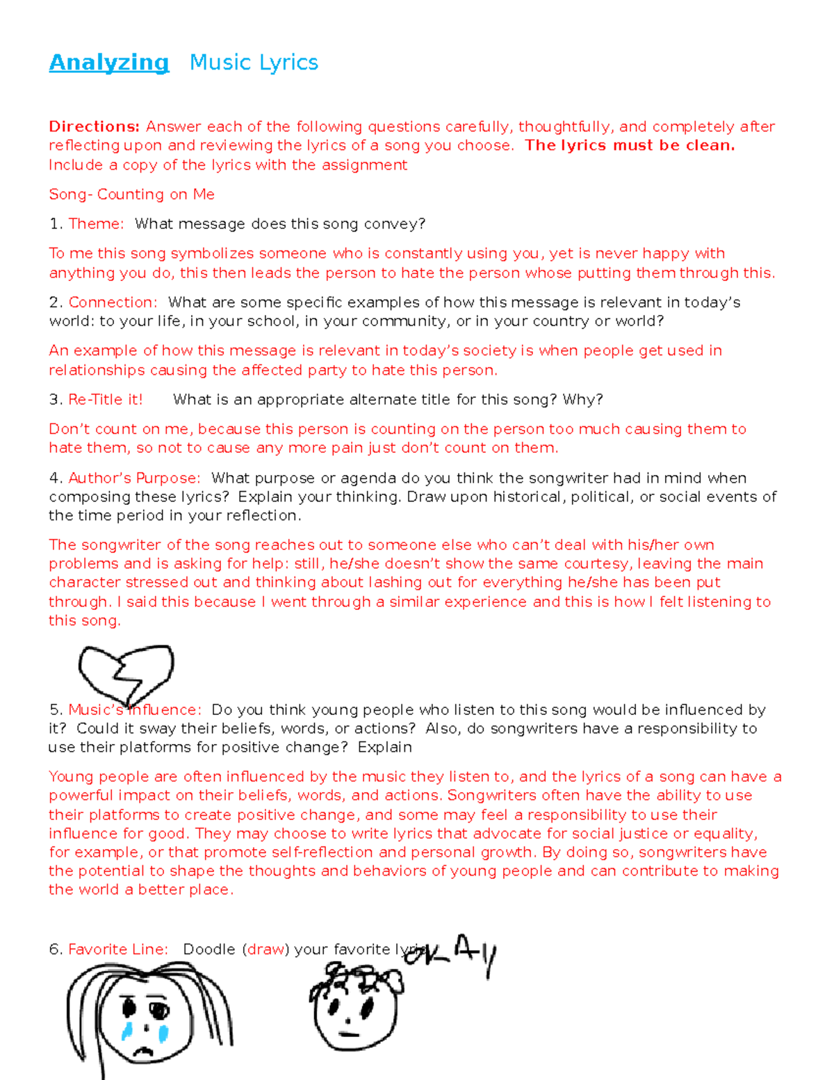 Analyzing Music Lyrics - Analyzing Music Lyrics Directions: Answer each ...